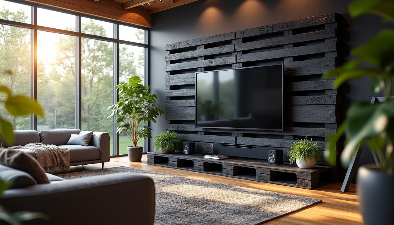 Découvrez comment créer un mur TV avec palette noire pour un salon moderne